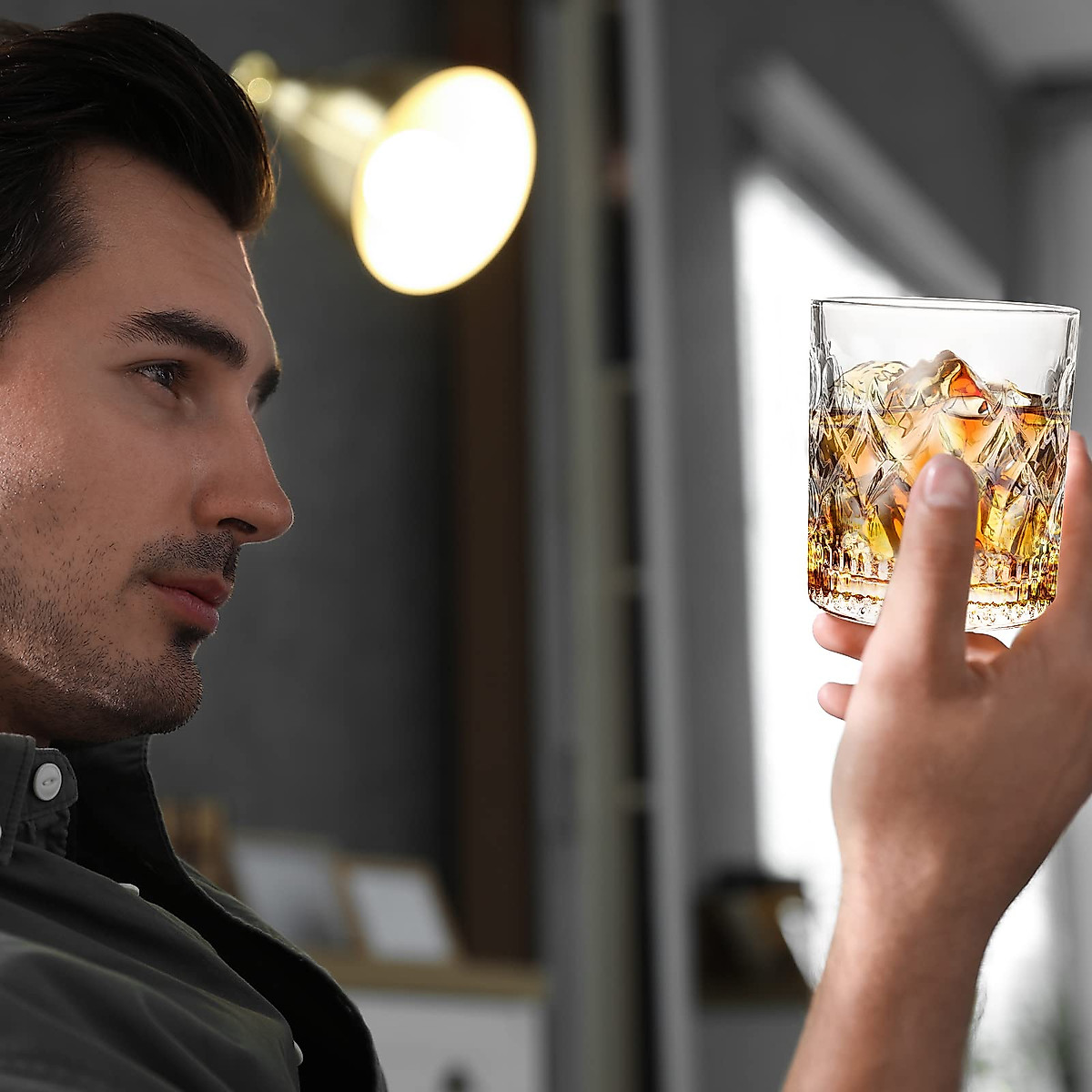 DH Whiskey Glasses Set of 4 with Gift Box -11Oz drinking glasses for Bourbon Scotch Cognac Rocks Glasses for Men, Old Fashioned Crystal retro Whisky Glass Gift