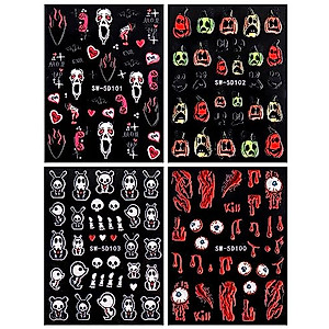 JMEOWIO 3D Embossed Halloween Nail Art Stickers Decals Self-Adhesive Pegatinas Uñas Pink 5D Skull Flame Bat Nail Supplies Nail Art Design Decoration Accessories 4 Sheets