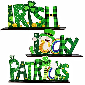 Bunny Chorus St Patricks Day Decorations 3Pcs, Lucky Wooden Table Sign, Irish Themed Gnome Tabletop Centerpiece Shamrock Gold Coins Gift for Home, Party Supplies Décor