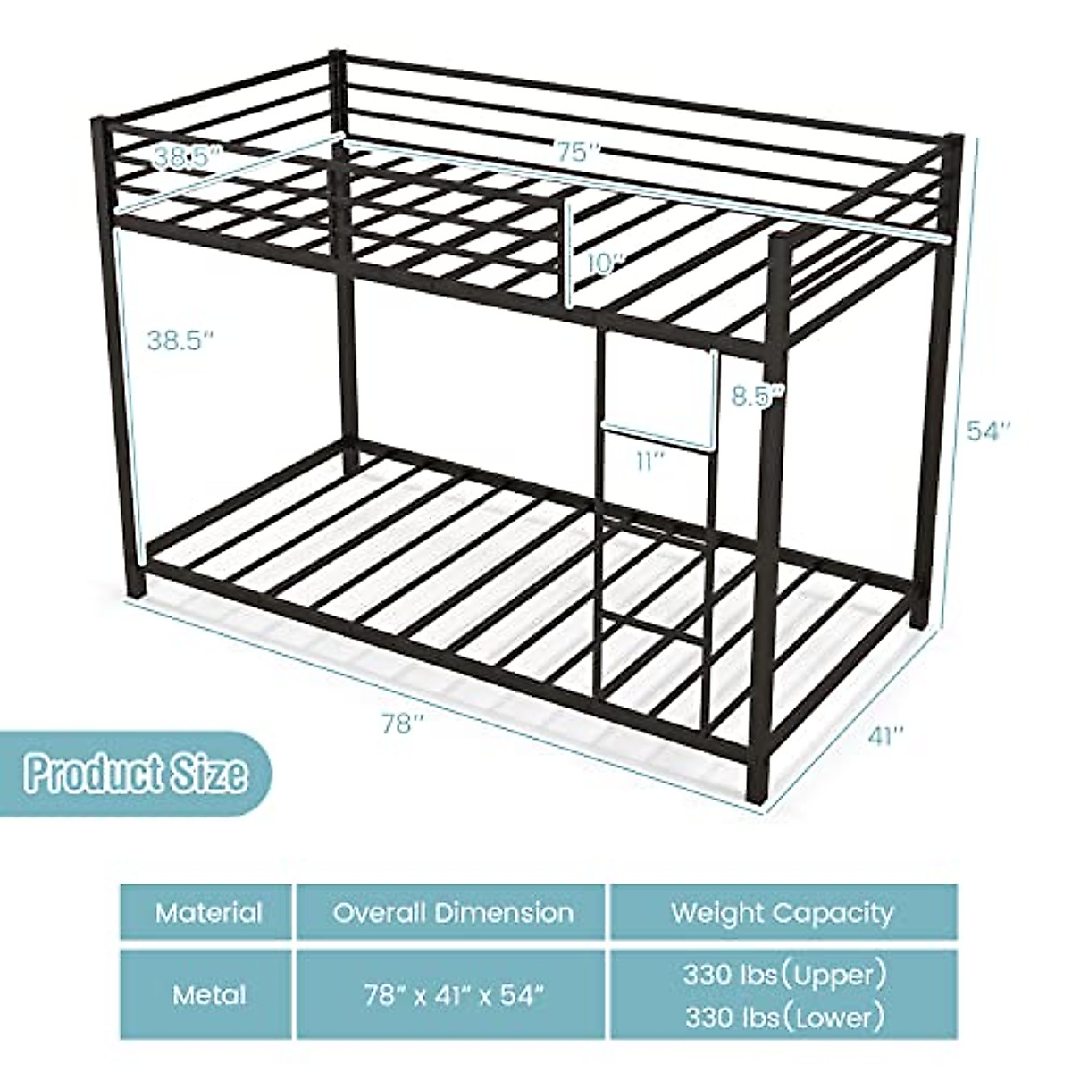 KOMFOTT Metal Low Bunk Bed Twin Over Twin, Heavy Duty Bunk Bed Frame with Ladder & Full-Length Guardrails, Metal Slatted Floor Bed Frame for Teens & Adults, No Box Spring Needed (Black)