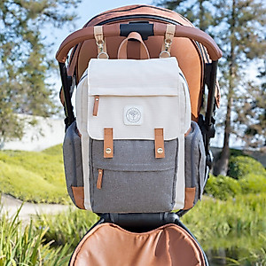 Huggleboo Diaper Backpack - Waterproof Canvas Baby Bag with Wipes Pocket Stroller Straps Changing Pad and Laptop Pocket - Unisex Maternity Travel Nappy Bag for Moms Dads Boys and Girls - Beige/Grey
