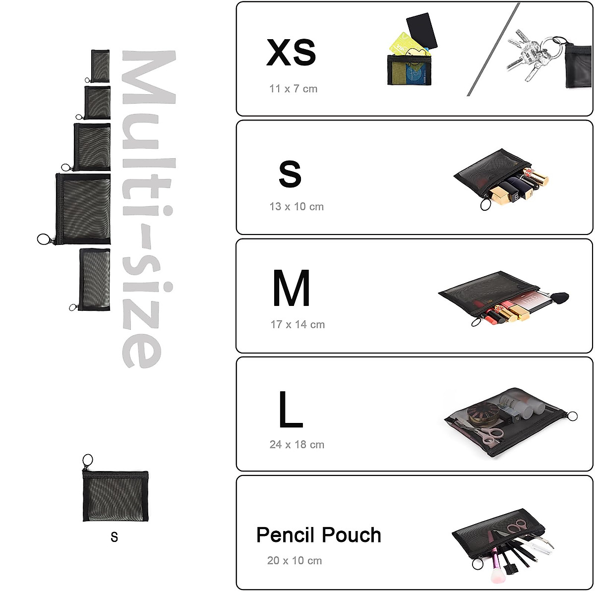 Patu Mini Zipper Mesh Bags, 4" x 5", Size S / A7, 5 Pieces, Beauty Makeup Lipstick Cosmetic Accessories Organizer, Small Travel Kit Storage Pouch, Black