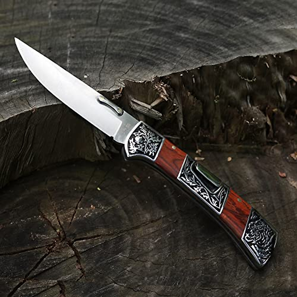 FU-GLBY Classical Folding Pocket Knife with clipCollection Engraved Bolsters Tactical Survival Knife Elegent EDC Knife for Men (red wood)