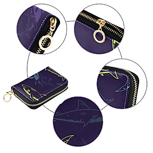 Seamless Yellow Purple Turquoise Swimming Sharks on Dark Credit Card Coin wallet, Key Change Organizer Zipper Purse Compact Clutch Pouch Pocket, RFID Blocking Women Leather Card Holder