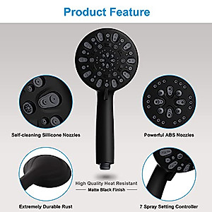 7-Spray Shower Heads with Handheld, High Pressure Hand Shower Head 5’’ Matte Black Face, 79-inch Stainless Steel Hose, Adhesive Shower Head Holder, 7 Functions Powerful Shower Spray Head Set