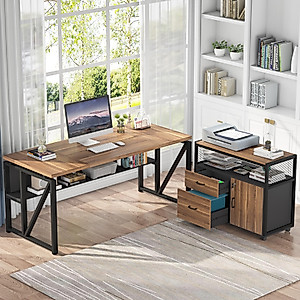 Tribesigns 63" L Shaped Desk with Drawer Cabinet, Executive Computer Desk and lateral File Cabinet, 2 Piece Home Office Furniture with Drawers for Hanging File, Doors with Locks (Brown, 63 inches)