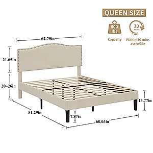 VECELO Queen Bed Frame Platform Bed Frame with Upholstered Headboard, Strong Frame and Heavy-Duty Slats Support, Non-Slip and Noise-Free, Easy Assembly,Beige