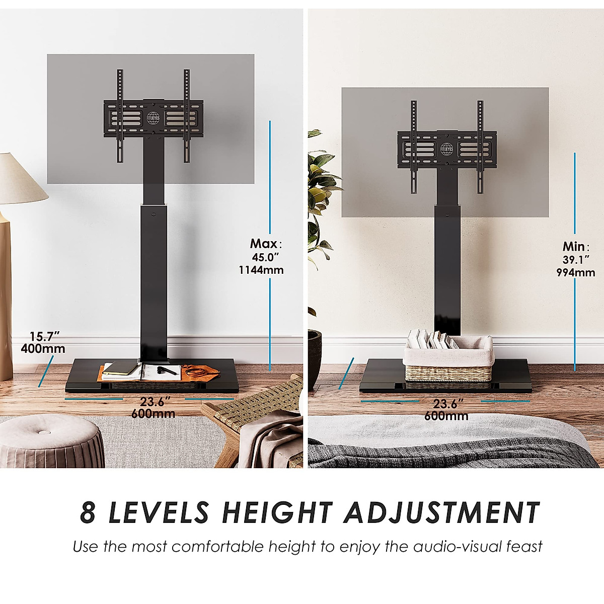 FITUEYES Iron Base Universal Floor TV Stand with Swivel Mount Space Saving for 26-65 Inch LED LCD OLED Plasma Flat Panel or Curved Screen TVs Height Adjustable Wire Management (Black)