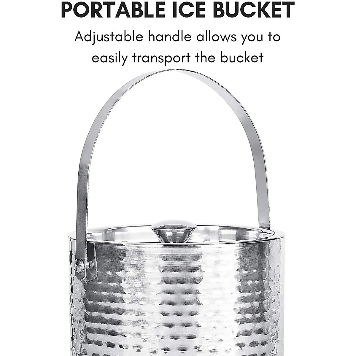Ice Bucket With Lid, Insulated Hammered Ice Bucket for Cocktail Bar with Ice Tong, Double Walled Stainless Steel, 1.75 L, 1.84 Quarts, Ice Cold For 6 h with Handle (Silver Hammered)