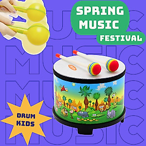 Crafteem Floor Tom Drum for Kids 8-inch Percussion Instrument Music Drum with 2 Mallets and Color Maracas for Baby Children Special Christmas Birthday Toy Gift