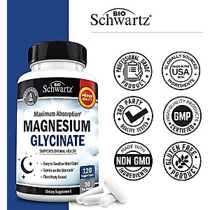 Magnesium Glycinate 500mg Capsules (120 Mini Caps) Maximum Absorption Magnesium Supplement for Nerves Muscles Heart Mood and Sleep Support (Vegan Safe with No Gluten, Soy or GMOs) by BioSchwartz