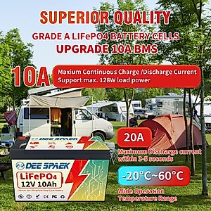 DEESPAEK 12V 10Ah LiFePO4 Battery, Rechargeable Deep Cycle Lithium Batteries with 10A BMS, Perfect for Alarm System, Backup UPS, Radio, and Emergency Lighting