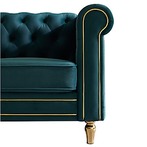 Goohome 84.65" Chesterfield Sofa, 3-Seater Velvet Deep Button Tufted Sofá Upholstered Love Seat Couches with Rolled Arm, Gold Strip Trim, for Bedroom Office Apartment Living Room Furniture, Green