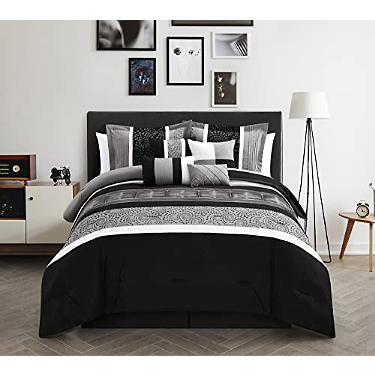 Chic Home Euphoria 8-Piece Embroidered Comforter Set Embroidery Pintuck Bed Skirt and Decorative Pillows Shams, Queen, Black/White