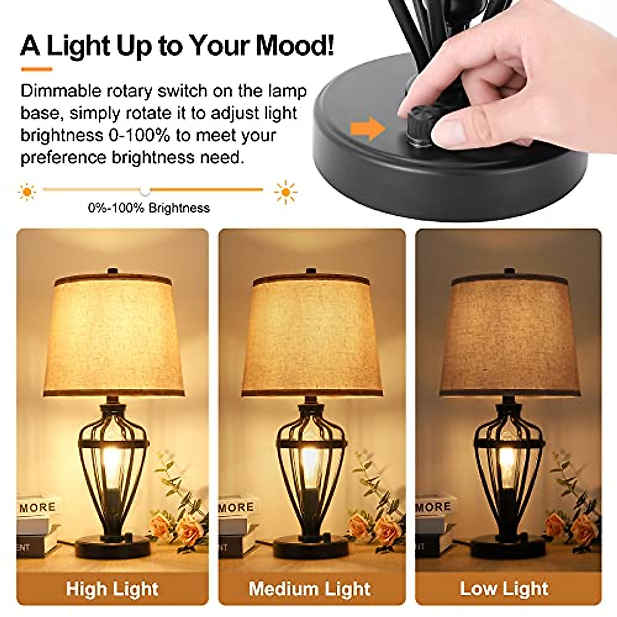 TRLIFE Table Lamps, Set of 2 Fully Dimmable Table Lamps with 2 USB Ports Nightstand Lamps with Fabric Lampshade for Living Room Bedroom(4 Dimmable Bulbs Included)