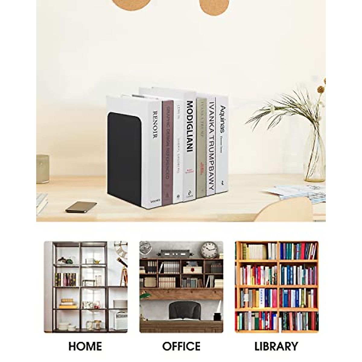 Book Ends, Bookends for Shelves, Home, Office, Heavy Duty Metal Book Stopper for Books, Metal Bookend Supports, Modern Minimalist Style Decorative Bookend, Black(4Pair/8Pcs)