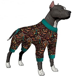LovinPet Large Dog Clothing - Comfy Lightweight Stretchy Fabric, Norwegian Woods Print Dog Pajamas, UV Protection, Surgery Recovery Outfit for Dogs, Easy to Wear Adorable Dog Clothes, Brown Blue M