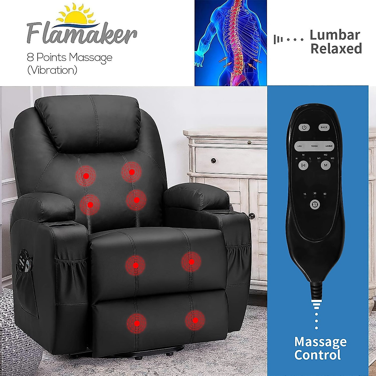 Flamaker Power Lift Recliner Chair PU Leather with Massage for Elderly Ergonomic Lounge Chair Classic Single Sofa with 2 Cup Holders Side Pockets Home Theater Seat (Light Black)