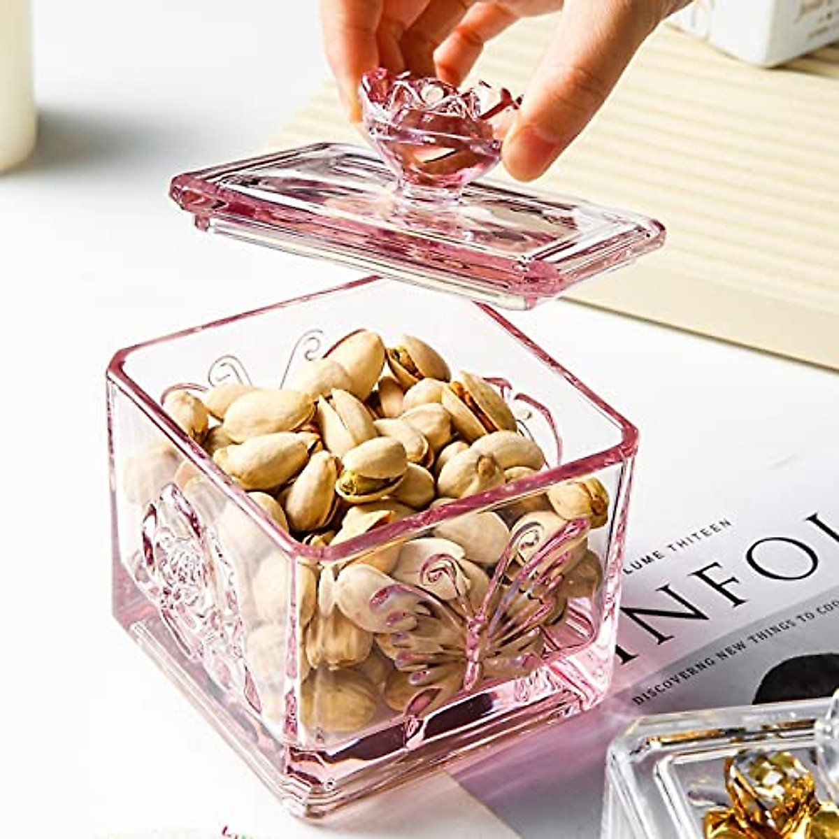 LWXPAIYY Pink Glass Candy Dish with Lid 16oz,Embossed Glass Candy Jar with Lid,Crystal Candy Dishes Bowl with Lids for Office Desk Coffee Table,Food Cookie Buffet Storage Luxury Decorative Jar (Pink)