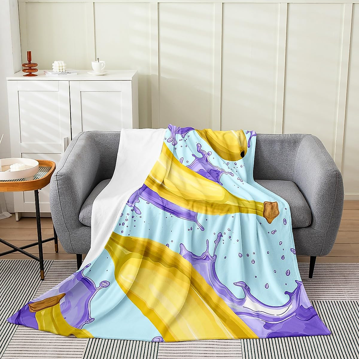 Kids Yellow Banana Blanket Queen 90x90,Cartoon Fruit Throw Blanket,Purple Water Banana Fleece Blanket,Summer Tropical Food Bed Blanket for Home Room Decor,Luxury Soft Microfiber