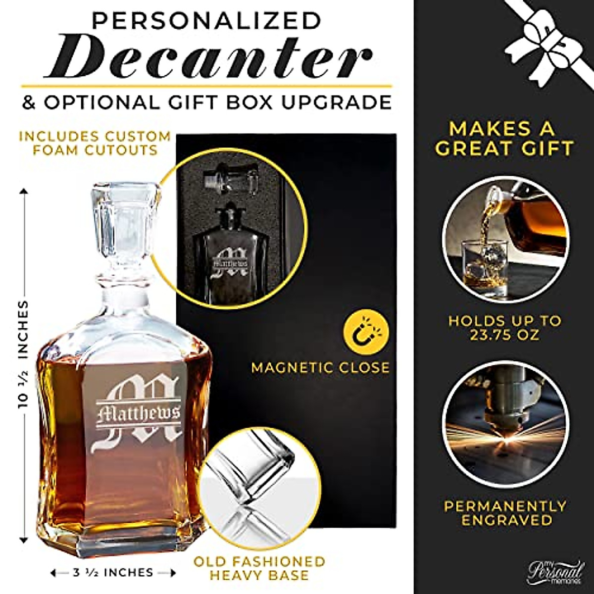 Personalized Whiskey Decanter, Custom Engraved Liquor Decanter - 23 Oz