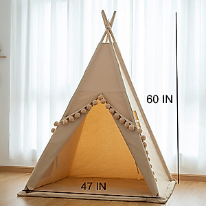 RONGFA Kids-Teepee-Tent with Lights &Large Pompoms & Carry Bag, Machine Washable Teepee Tent for Kids Indoor Tent, Foldable Toddler Tent for Kids -Toddler Teepee Tent for Girls & Boys（Without Mat）
