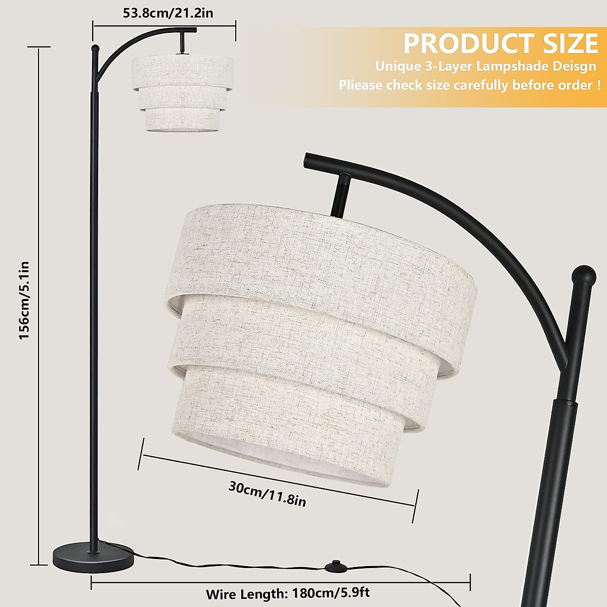 【Upgraded】Remote Control Arc Floor Lamp Stepless Dimmable 3 Color Temperature, Black Tall Pole Lamp, Modern Standing Lamps for Living Room, Bedrooms, Office, Unique 3-Layer Lampshade(Bulb Included)