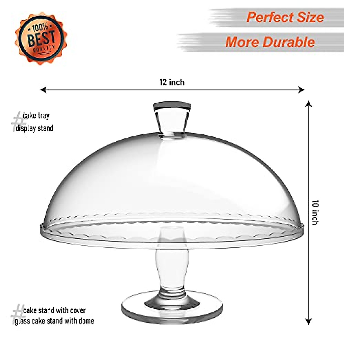 ums Glass Cake Stand with Dome - Footed Glass Service Plate, Large Size (12 inch), Footed Cake Plate Wıth Dome, Multifunctional Serving Platter, durable glass