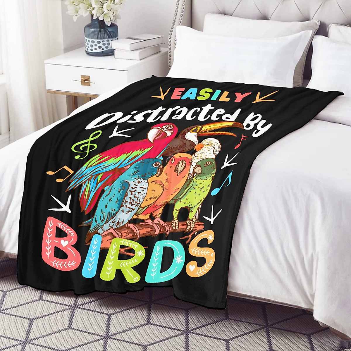 Bird Blanket Birds Gift for Kids,Easily Distracted by Birds Print Blankets,Soft Flannel Bed Throws Lightweight Cozy Fluffy Plush Decorative Quilts,50 x 40 in S Size
