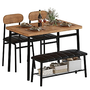 AWQM Dining Table with 2 Chairs and Bench Set, Dining Room Table Set for 4, 43.3 inches Kitchen Table and Faux Leather Upholstered Chairs Bench Set for Small Kitchen, Dining Room, 4 People Family Use…