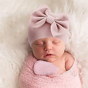 BQUBO Newborn Baby Girls Hats Mittens Set Hospital Hat Beanie Infant Bow Hats Baby Cotton Gloves No Scratch Mittens for 0-6 Months