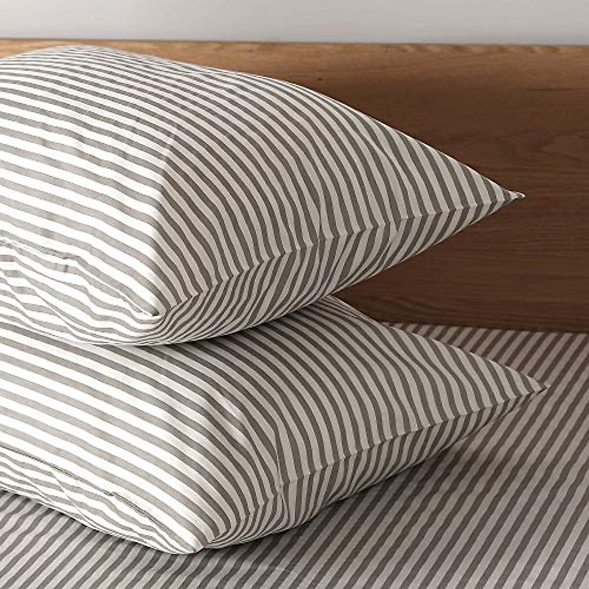 JELLYMONI 100% Natural Cotton 2pcs Striped Duvet Cover Sets,White with Grey Stripes Pattern Printed Comforter with Zipper Closure & Corner Ties(Twin Size)