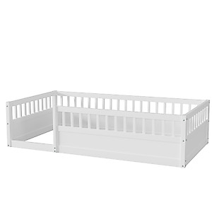 FUQIAOTEC Twin Size Kids Floor Bed Frame, Montessori Wood Floor Bed with Safety Guardrails and Slats for Bedroom Playroom, White Fence, 78" W x 41" D x 20" H
