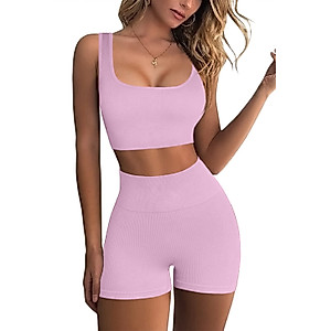 QINSEN Workout Sets for Women 2 Piece Seamless Ribbed Crop Tank High Waist Shorts Yoga Outfits (L, Dusty Pink)