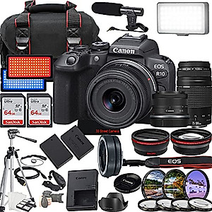 Canon EOS R10 Mirrorless Camera w/RF-S 18-45mm f/4.5-6.3 is STM + EF 75-300mm f/4-5.6 III Lens + 2X 64GB Memory + Case + Microphone + LED Video Light + More (35pc Bundle)