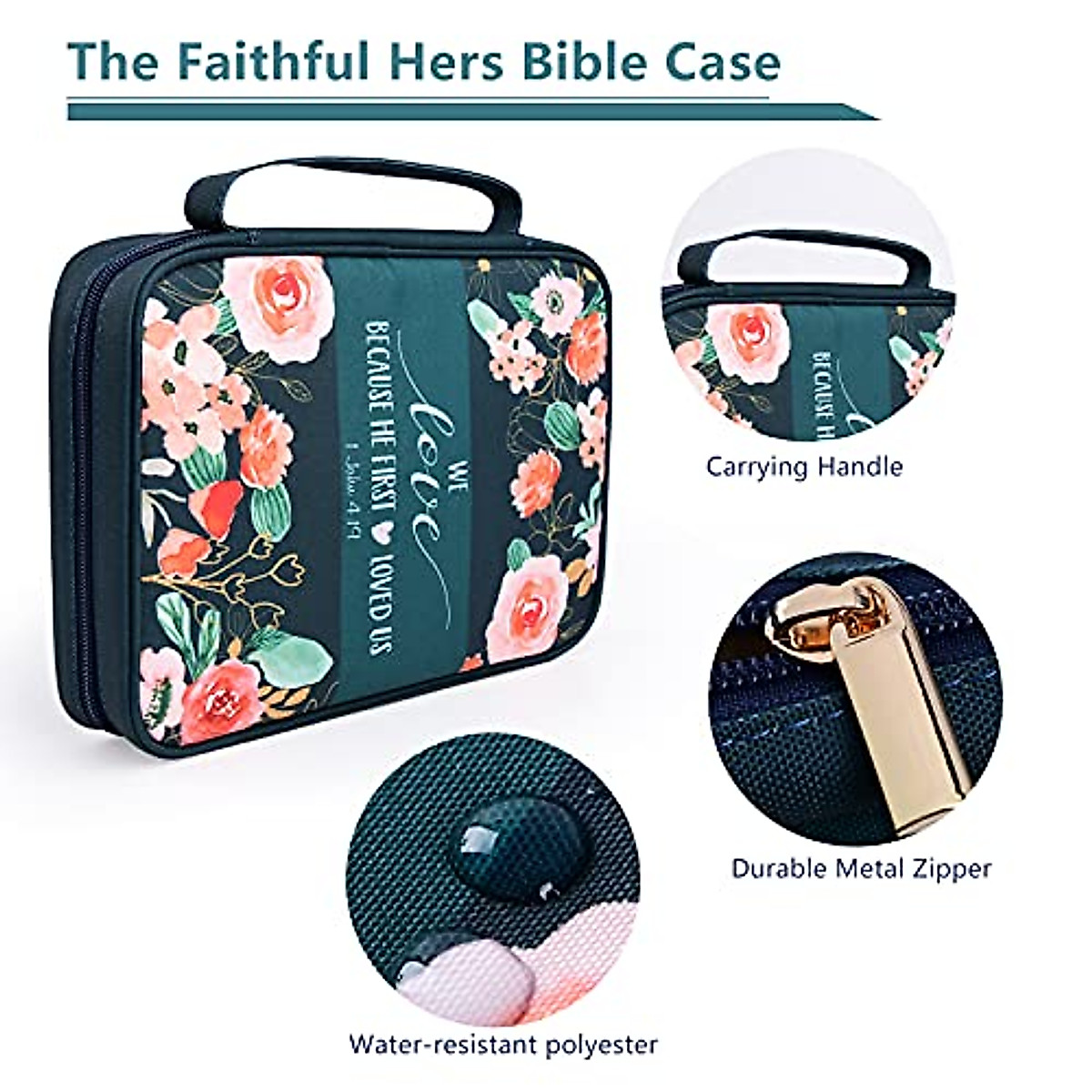 Bible Cover, Carrying Book Case Church Bag Bible Protective with Handle and Front Pocket, Perfect Gift for Mother Kids Girls Women 10"x7.5"x2.4"(Navy Floral)