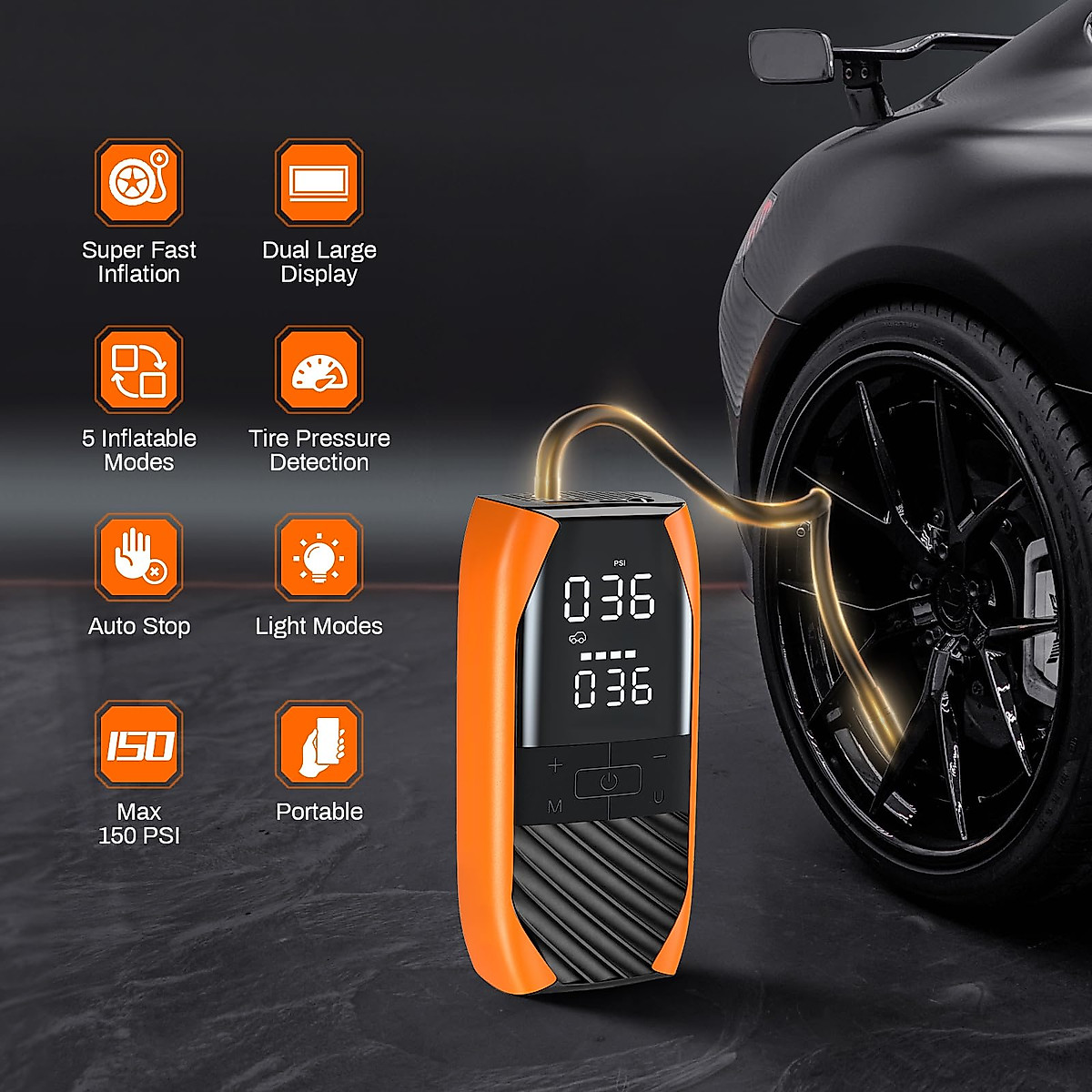 Kapopop K1 Tire Inflator Portable Air Compressor,4X Faster 150PSI & 20000mAh Cordless Air Pump for Car Tires,Bikes,Motorcycles & Balls,with Pressure Gauge,LCD Display,Emergency LED Light,Auto Shut-Off