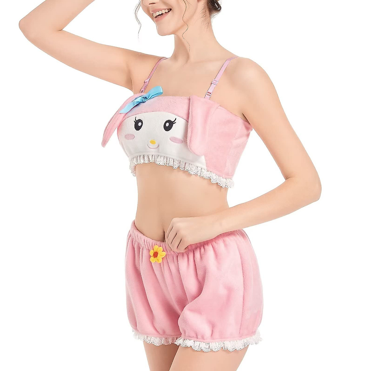 Landofgenie Cozy Womens Pajamas Tank Top and Shorts Set Fuzzy Lounge Set Women Cosplay Lingerie Pink Bunny XL
