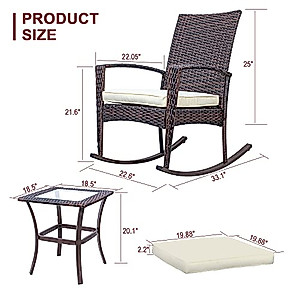 3 Piece Wicker Patio Furniture Sets, Outdoor Wicker Rocking Chairs Patio Bistro Set, Rattan Chairs Patio Furniture Set for Porch Lawn Poolside Backyard with Glass Coffee Table, Brown and Beige