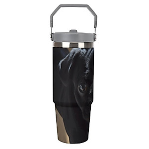 30 Oz Tumbler with Foldable Handle And Flip Straw,Black Pug Dog Puppy Vacuum Insulated Travel Coffee Tumblers,Stainless Steel Leak-Proof Water Bottle,Fits in Cup Holder,Keep Cold 24H & Hot 12H