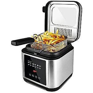 CUSIMAX Deep Fryer with Basket for Home Use,1200W Electric Fryer with LED Display Temperature Control,Removable Lid and 2.6QT Non-Stick Inner Pot,Stainless Steel,Silver