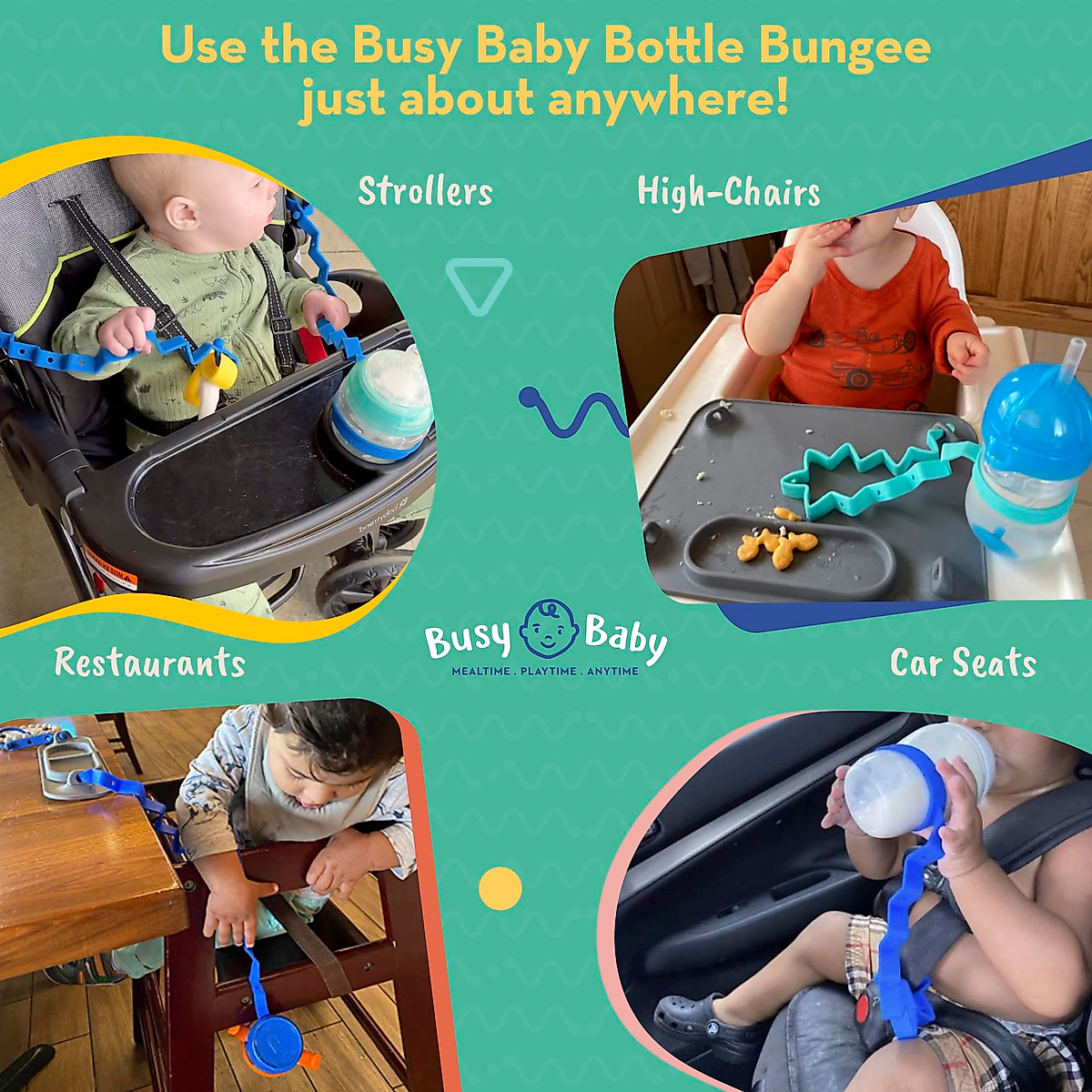 Busy Baby Bottle Bungee - Sippy Cup Strap - Keep Bottles and Sippy Cups Off The Floor - Great for Babies, Toddlers and Kids - Food Grade Silicone - Dishwasher Safe - Pewter