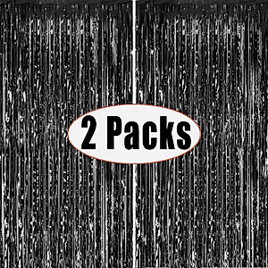 FECEDY 2pcs 3ft x 8.3ft Black Metallic Tinsel Foil Fringe Curtains Photo Booth Props for Birthday Wedding Engagement Bridal Shower Baby Shower Bachelorette Holiday Celebration Party Decorations