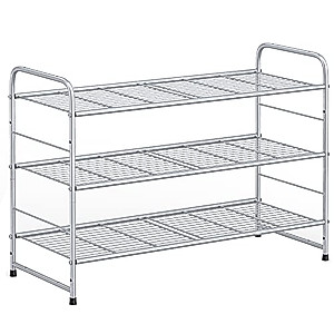 AULEDIO Shoe Rack, Stackable and Adjustable Multi-Function Wire Grid Shoe Organizer Storage, Extra Large Capacity, Space Saving, Fits Boots, High Heels, Slippers and More (3-Tier, Silver)