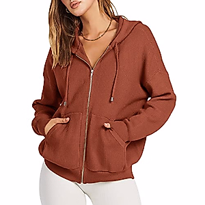 ANRABESS Women's Sweater Hoodies 2023 Fall Oversized Full Zip Up Jackets Long Sleeve Crewneck Sweatshirt Casual Loose Ribbed Knit Pullover Top with Pocket 791xiuhong-L Rust