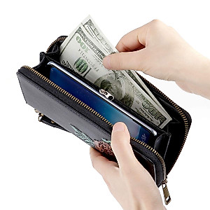 HAWEE Leather Clutch Wallet for Women Zippered Wristlet Bag, Embossing Rose