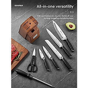 Knipan Knife Set, 8-Piece Premium Knife Block Set with High Carbon German Steel, 5 Knives, Sharpening Steel, Multi-Purpose Scissors, Block of Wood, Ergonomic ABS Handle