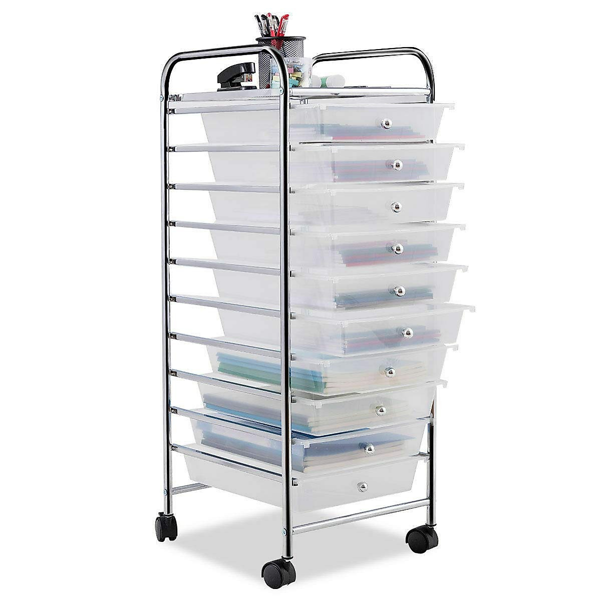 10 Drawer Storage Cart Rolling Cart File Scrapbook Paper Mobile Organizer for School Office (Clear)