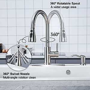 Brushed Nickel Pull Down Kitchen Faucet with Soap Dispenser - High Arc 3-Function Kitchen Sink Faucet with Pull Down Sprayer, Stainless Steel Pull Out Kitchen Faucet Single Hole Single Handle