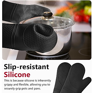 Extra Long Silicone Oven Mitts, Heat and Slip Resistant Oven Mitts with Soft Cotton Lining Non-Slip Textured Grip, Long Flexible Thick Gloves for BBQ, Baking, Cooking, 12.59 inches, Black